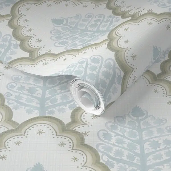 Spoonflower Paisley Scallops Block Custom Pre-pasted Wallpaper - Mint,green,gray