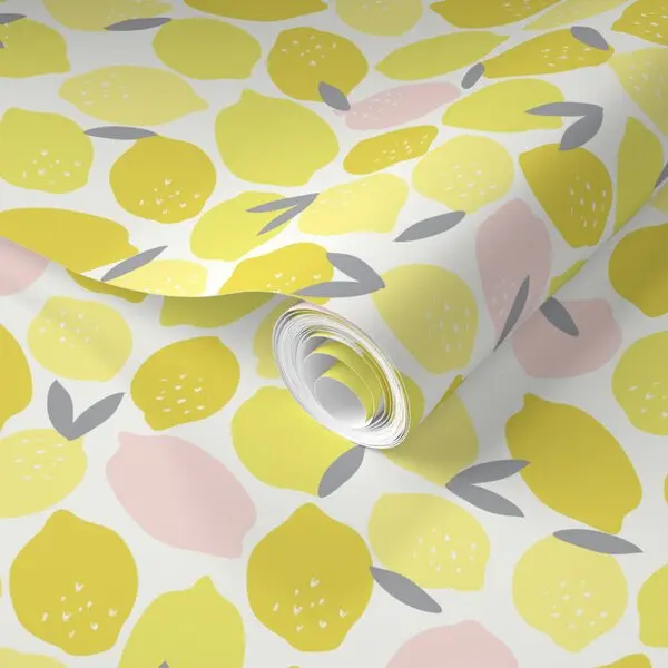 Spoonflower Pink Lemonade Lemons Lemon Yellow Fruit Bright Traditional Wallpaper - White,yellow