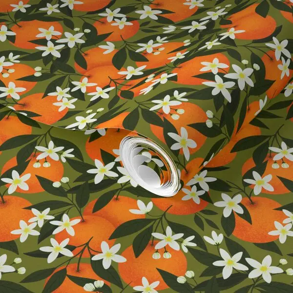 Spoonflower Sweet Neroli Blossom Flower Green Floral Nature Custom Pre-pasted Wallpaper - Orange,green,sage