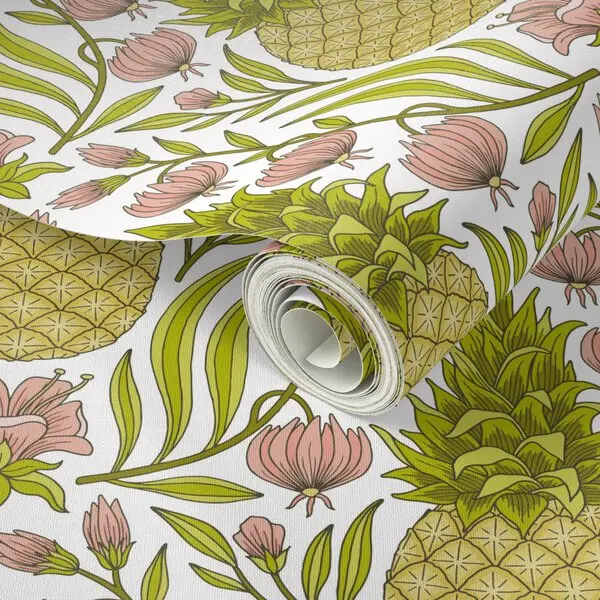 Spoonflower Pineapple Flowers Pineapples Pretty Floral Coral Custom Pre-pasted Wallpaper - Yellow,green,brown