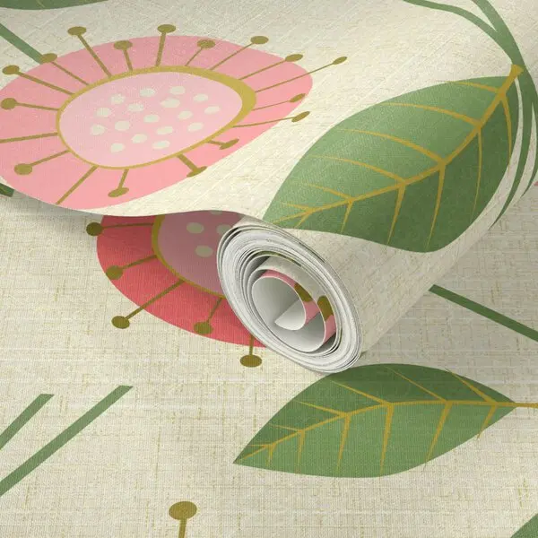 Spoonflower Mod Garden Vintage Flowers Floral Retro Abstract Custom Pre-pasted Wallpaper - Yellow,green,beige