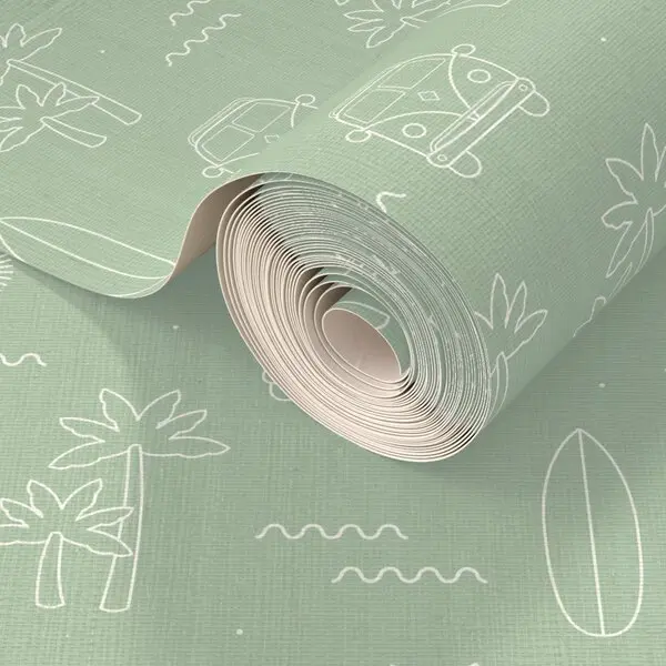 Spoonflower Palm Tree Island And Surf Waves Ocean Paradise 100% Natural Sisal Grasscloth Wallcovering - Green
