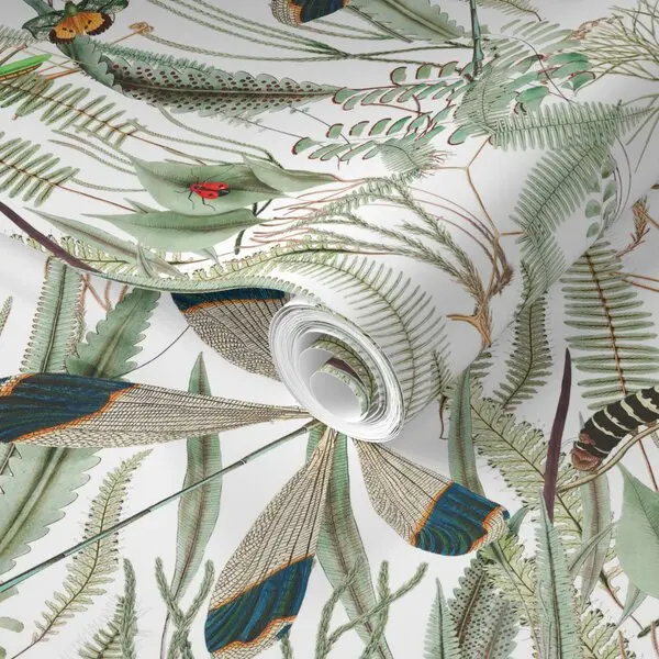 Spoonflower Beauty Underfoot Nature Fantasy Bugs Insect Ferns Custom Removable Wallpaper - Green,beige,sage