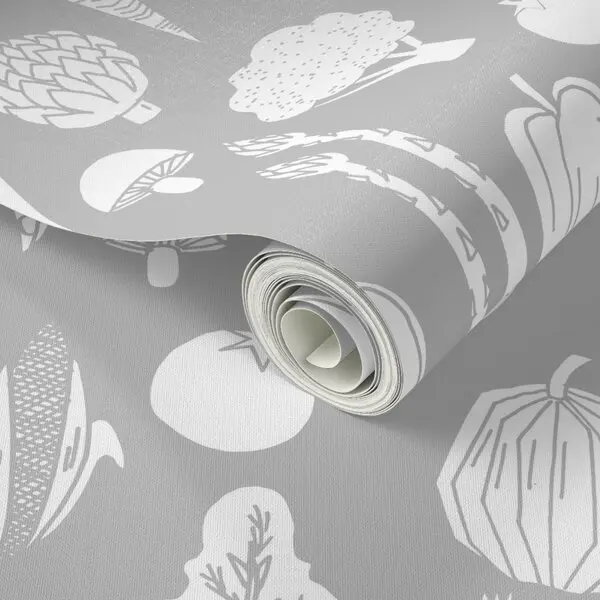 Spoonflower Vegetables Gray Avocado Beet Summer Food Garden Custom Removable Wallpaper - Gray,white