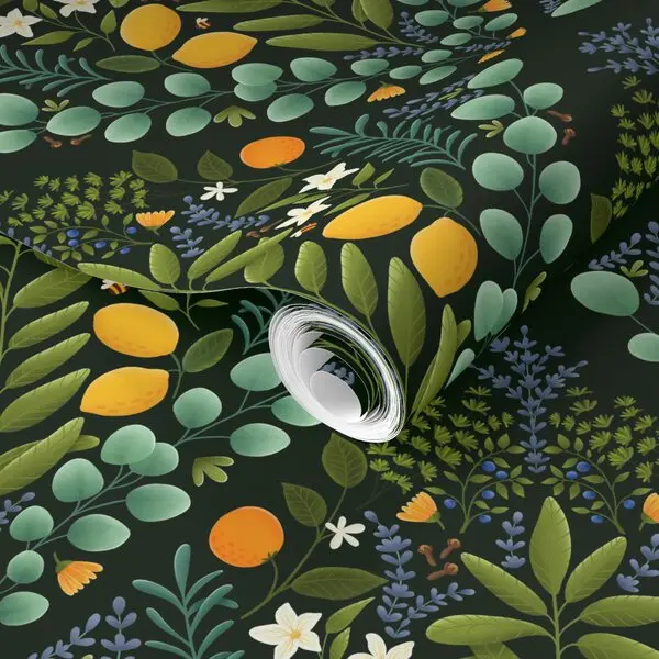 Spoonflower Plants Calmness Dark Background Green Orange Custom Pre-pasted Wallpaper - Black,yellow,green