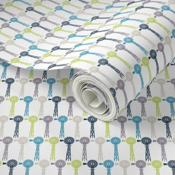 Spoonflower White Background Wind Windmill Cool Colors Colours Custom Removable Wallpaper - Green,blue,sage