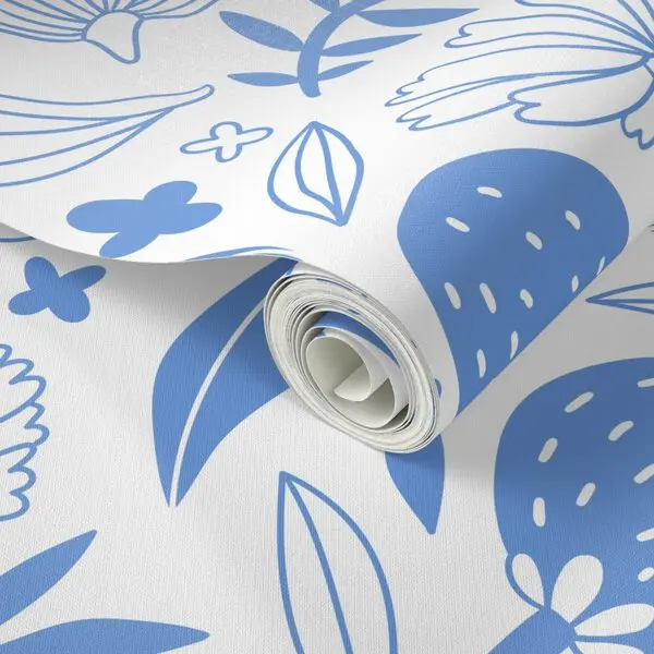 Spoonflower Morning Flowers Light Blue Color Garden Ditsy Hand Traditional Wallpaper - Blue,white