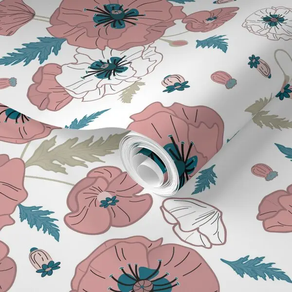 Spoonflower Vintage Nature Spring Garden White Background Custom Pre-pasted Wallpaper - Gray,blue,red