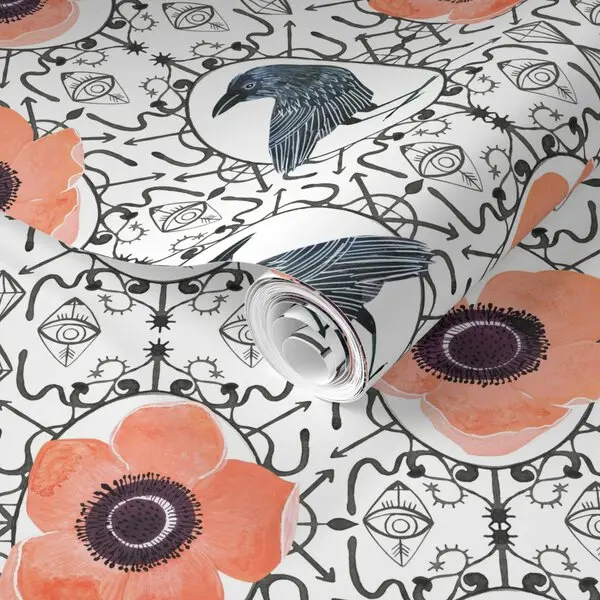 Spoonflower Dreams Anemone Bird Flower Floral Arrow Eye Custom Pre-pasted Wallpaper - Gray,orange