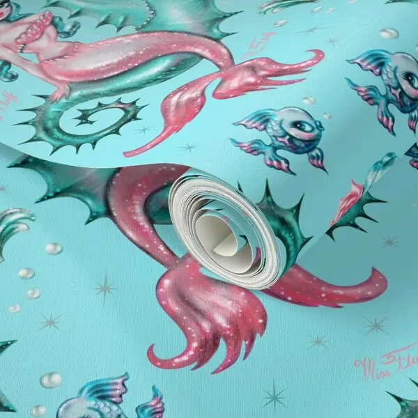 Spoonflower Mermaid Blue Small Vintage Retro Mermaids Seahorse Custom Pre-pasted Wallpaper - Blue,pink,gray