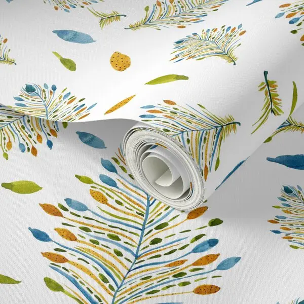 Spoonflower Green Blue Feather Feathers Watercolor Custom Pre-pasted Wallpaper - Green,gray,blue