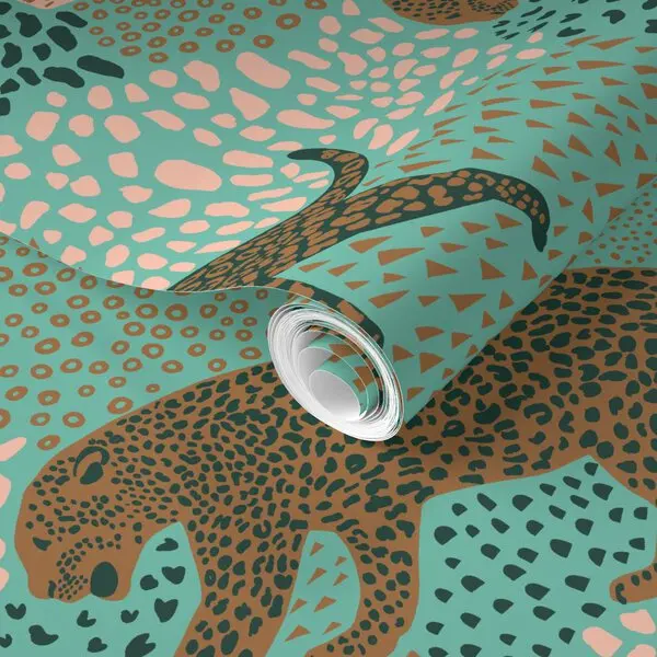 Spoonflower Animal Jaguar Camouflage Mint Exotic Wild Limited Custom Pre-pasted Wallpaper - Green,brown,pink
