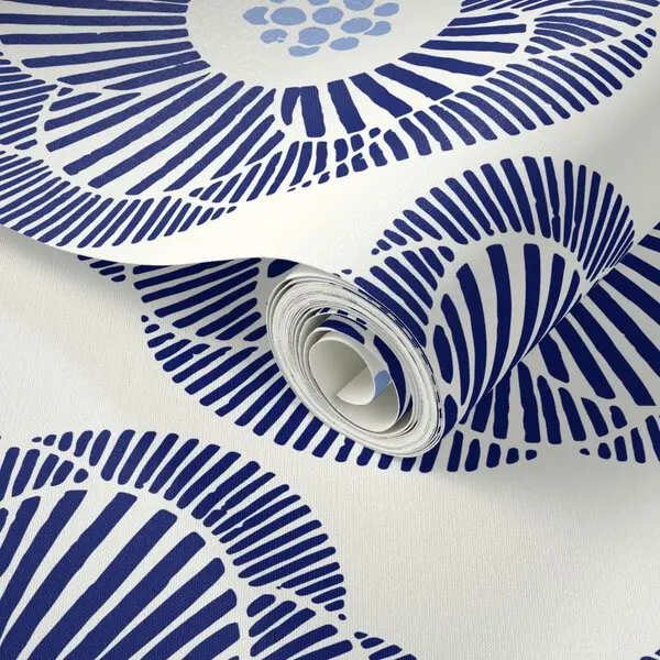 Spoonflower Flower Modern Hand Drawn Custom Pre-pasted Wallpaper - Blue