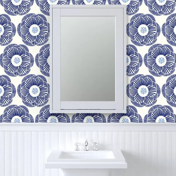 Spoonflower Flower Modern Hand Drawn Custom Pre-pasted Wallpaper - Blue