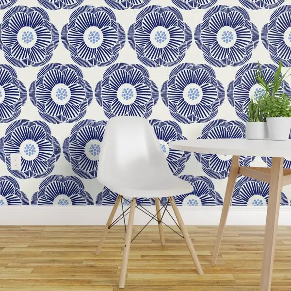 Spoonflower Flower Modern Hand Drawn Custom Pre-pasted Wallpaper - Blue