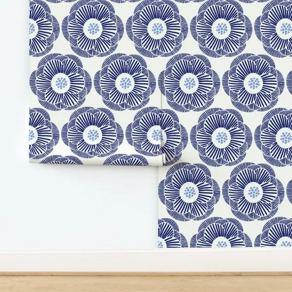 Spoonflower Flower Modern Hand Drawn Custom Pre-pasted Wallpaper - Blue
