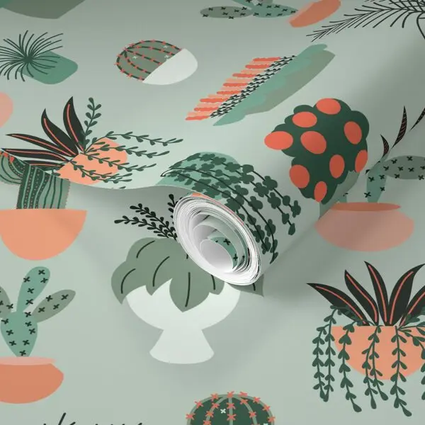 Spoonflower Flower Pots Pattern Green Flowers Leaves Floral Custom Pre-pasted Wallpaper - Green,orange,gray