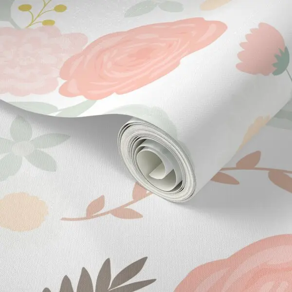 Spoonflower Large Summer Blooms White Flowers Floral Blossoms Custom Pre-pasted Wallpaper - Orange,green,white