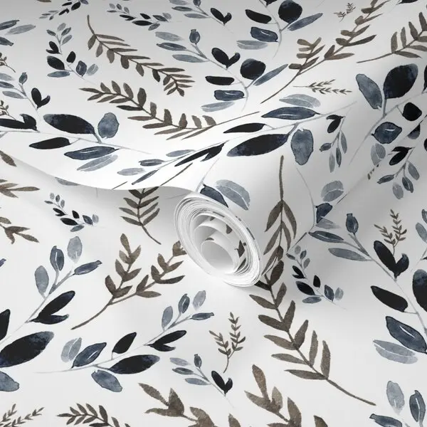 Spoonflower Blue Leaves Brown Floral Grey Winter Fall Custom Removable Wallpaper - Blue,green,black