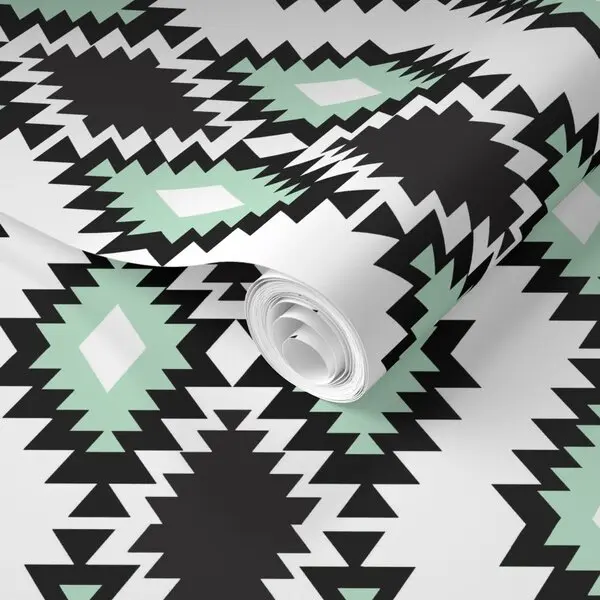 Spoonflower Mint Black Aztec Southwestern Navajo Tribal Native Traditional Wallpaper - Gray,green