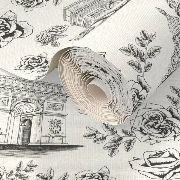 Spoonflower Charcoal Paris French Toile De Jouy 2 100% Natural Sisal Grasscloth Wallcovering - Black,white,beige