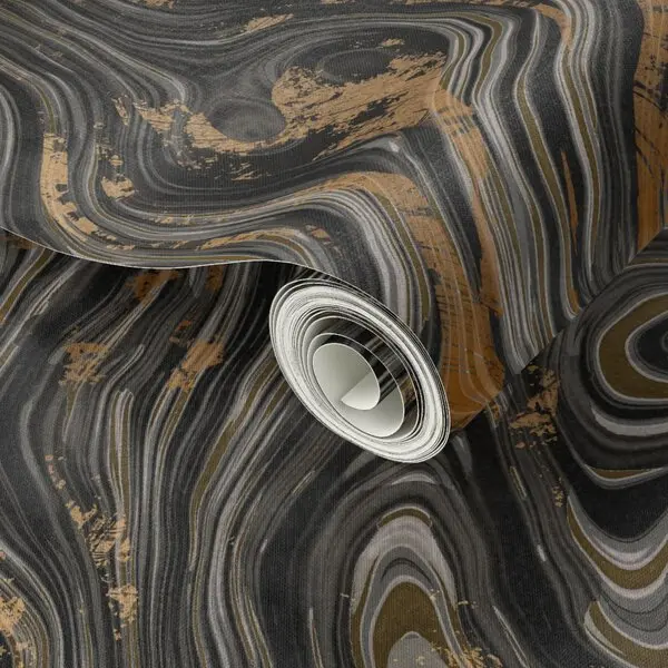 Spoonflower Black Grey Gold Paper Marbled Foil Custom Pre-pasted Wallpaper - Gray,brown