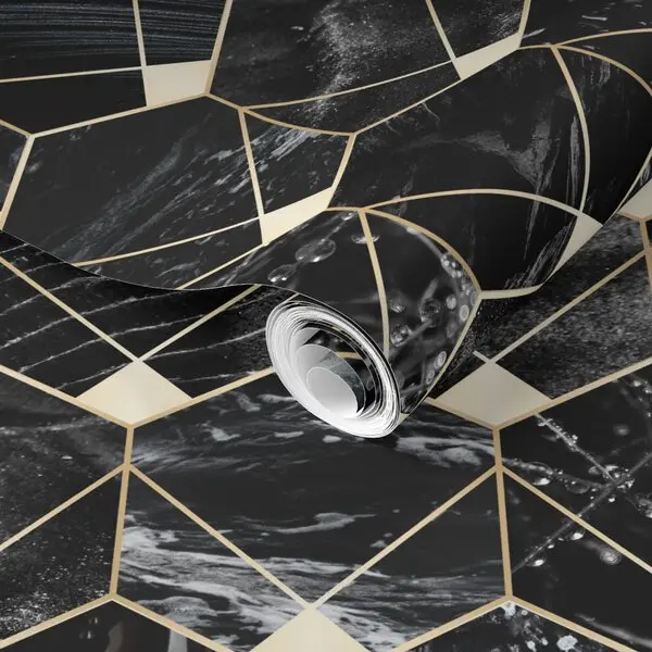 Spoonflower Black Art Deco Marble Texture Hexagon Traditional Wallpaper - Beige,black,gray