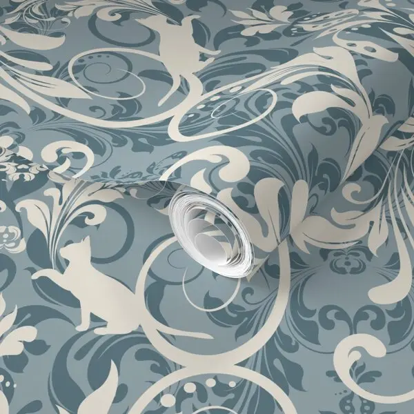 Spoonflower Cat Damask Aqua Floral Blue White Pet Traditional Wallpaper - Blue,beige,teal