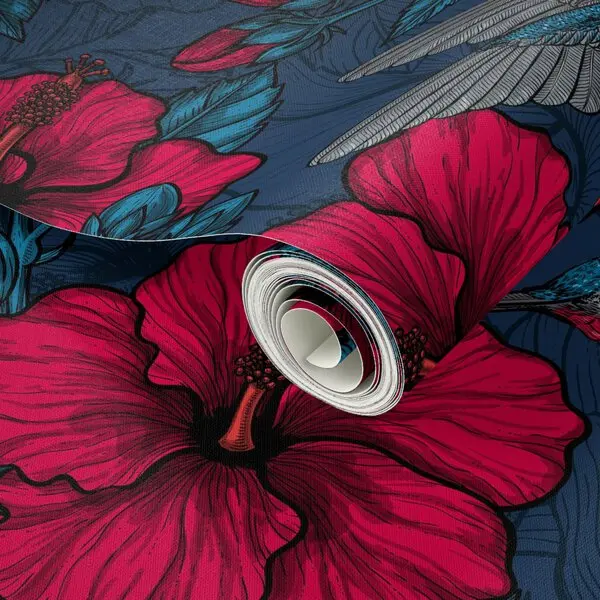 Spoonflower Hummingbird Flower Vintage Leaves Floral Nature Traditional Wallpaper - Red,blue
