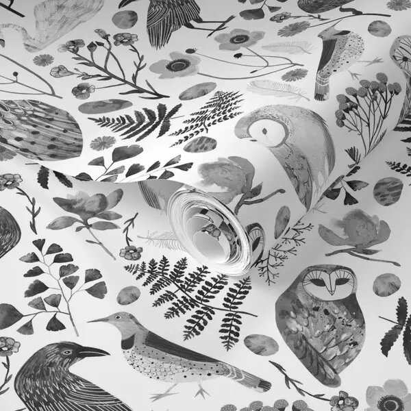 Spoonflower Grey Owl Raven Neutral Swan Ferns Magnolia Custom Pre-pasted Wallpaper - Black,white,gray