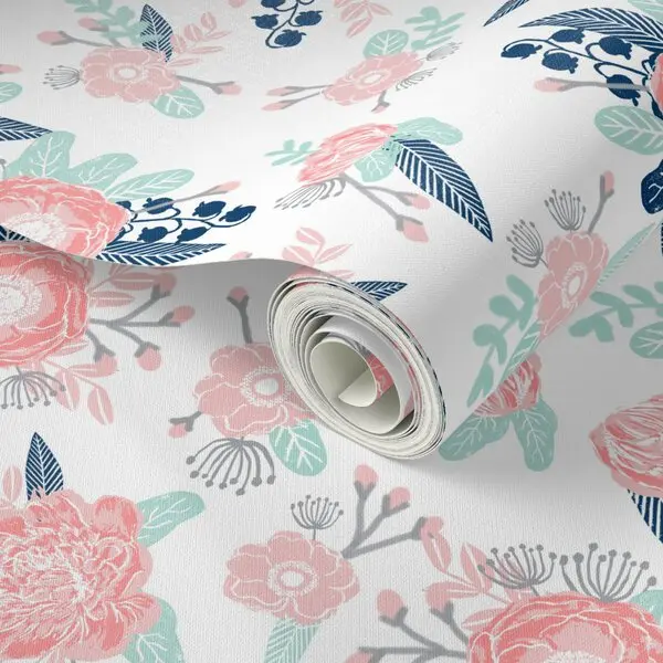 Spoonflower Floral Flowers Pink And Mint Custom Removable Wallpaper - Gray,blue,pink