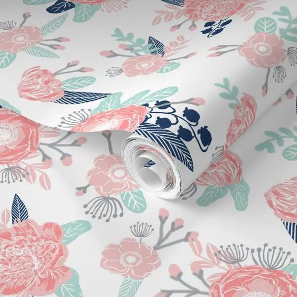 Spoonflower Floral Flowers Pink And Mint Custom Removable Wallpaper - Gray,blue,pink