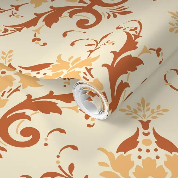 Spoonflower Victorian Orange Vintage Leaves Swirl Custom Pre-pasted Wallpaper - Beige,orange,gray