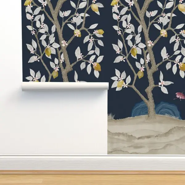 Spoonflower Navy Lemon Tree 100% Natural Sisal Grasscloth Wallcovering