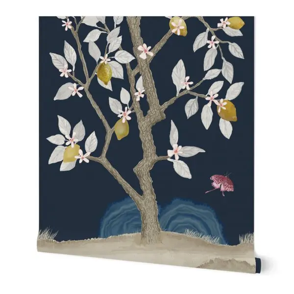 Spoonflower Navy Lemon Tree 100% Natural Sisal Grasscloth Wallcovering
