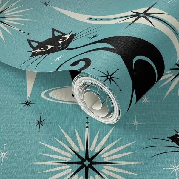 Spoonflower Diamonds Retro Diamond Cat 1950s Cats Fifties Custom Pre-pasted Wallpaper - Green,black,mint