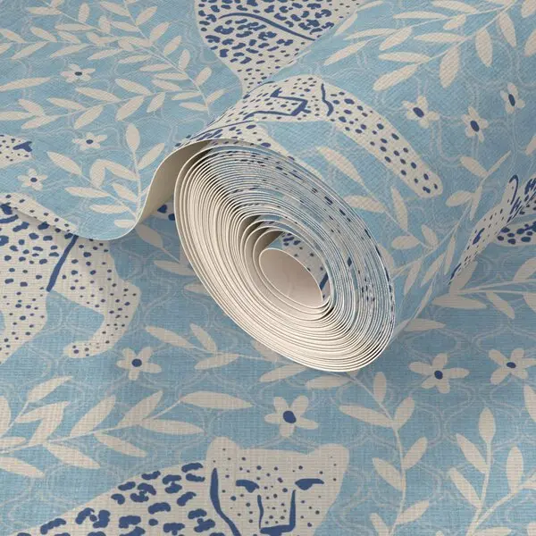 Spoonflower Jungle Cat Soft Blue Muted Tones 100% Natural Sisal Grasscloth Wallcovering - Blue,gray,grey