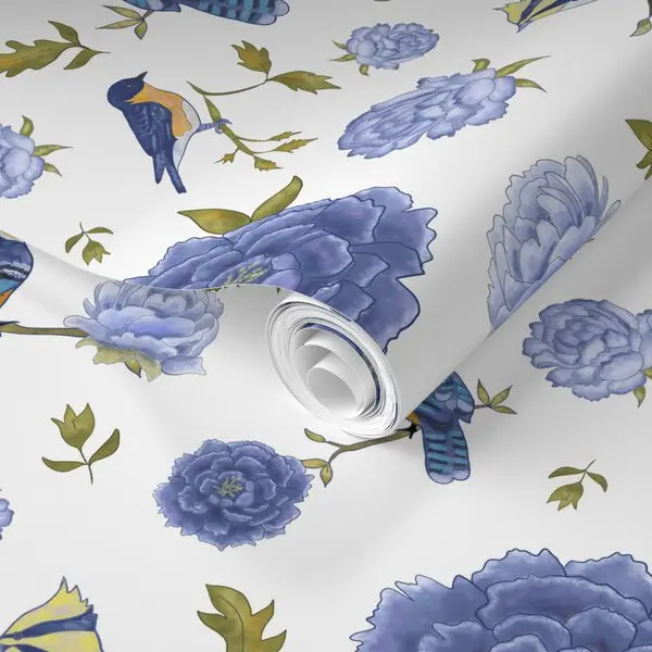 Spoonflower White Blue Victorian Elegant Classic Floral Custom Pre-pasted Wallpaper - White,blue,brown