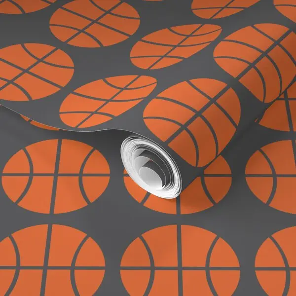 Spoonflower Orange Basketball Ball Gray Sports Games Custom Pre-pasted Wallpaper - Orange,gray,coral