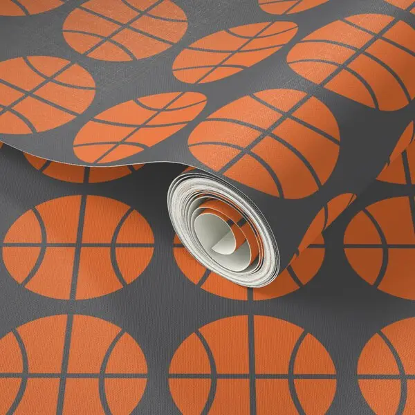 Spoonflower Orange Basketball Ball Gray Sports Games Custom Removable Wallpaper - Orange,gray,coral