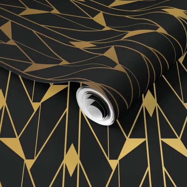 Spoonflower Black Vintage Gold Geometric Pattern Art Deco Custom Pre-pasted Wallpaper - Yellow,black,brown