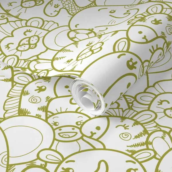 Spoonflower Wild Animals Green Elephant Tiger Lion Giraffe Custom Removable Wallpaper - Green,white,sage