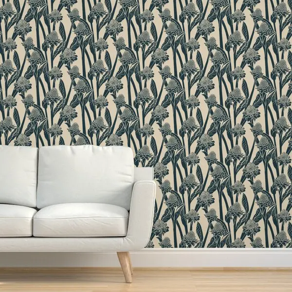Spoonflower Just Hawaiian Torch Ginger Stalks Charcoal And 100% Natural Sisal Grasscloth Wallcovering - Gray