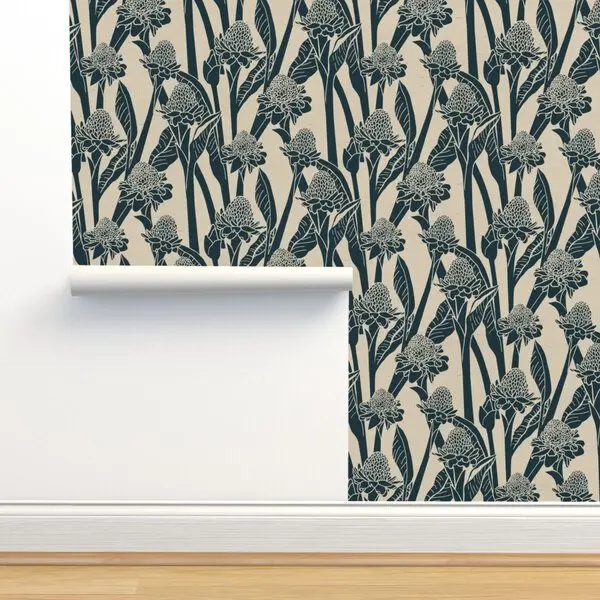 Spoonflower Just Hawaiian Torch Ginger Stalks Charcoal And 100% Natural Sisal Grasscloth Wallcovering - Gray