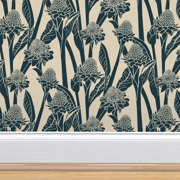 Spoonflower Just Hawaiian Torch Ginger Stalks Charcoal And 100% Natural Sisal Grasscloth Wallcovering - Gray