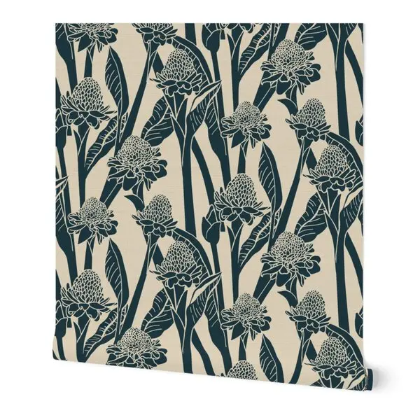 Spoonflower Just Hawaiian Torch Ginger Stalks Charcoal And 100% Natural Sisal Grasscloth Wallcovering - Gray