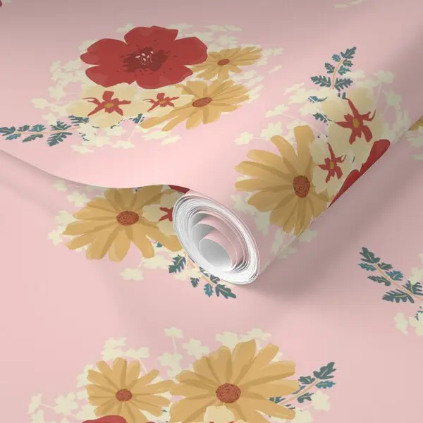 Spoonflower Pink Flower Yellow Teal Red Floral Custom Pre-pasted Wallpaper - Pink,red,brown