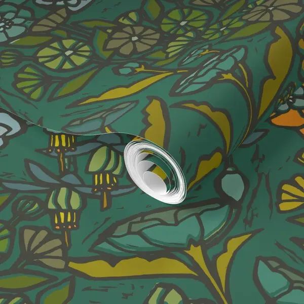 Spoonflower Green Flowers Floral Blossoms Garden Woodcut Traditional Wallpaper - Green,yellow,gray