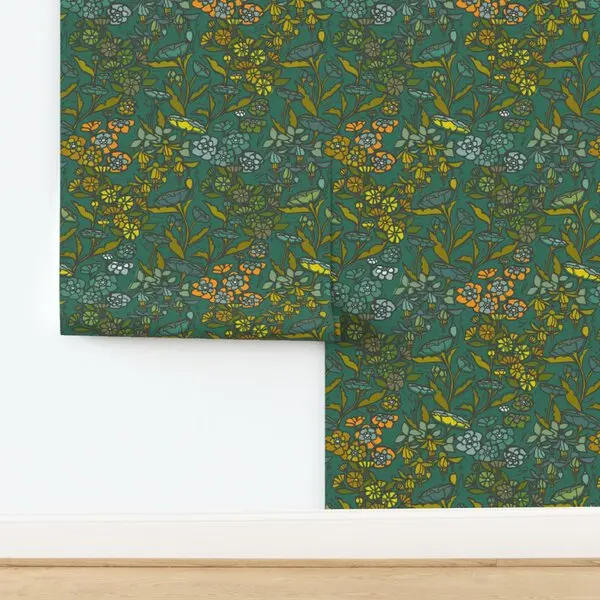Spoonflower Green Flowers Floral Blossoms Garden Woodcut Traditional Wallpaper - Green,yellow,gray