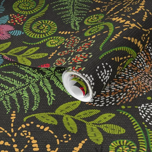 Spoonflower Wild Mushrooms Fern Hawaii Custom Pre-pasted Wallpaper - Black,green,pink